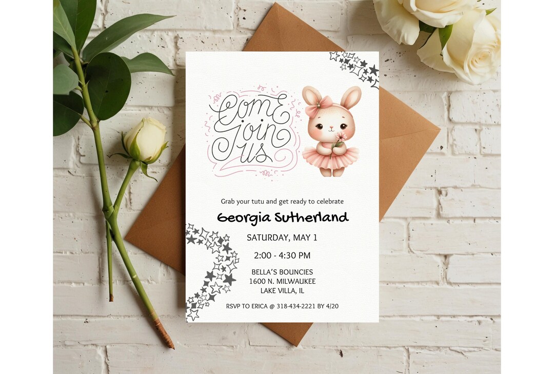 Grab Your Tutu Ballerina Bunny Birthday Invite | Printable Pink Ballet ...