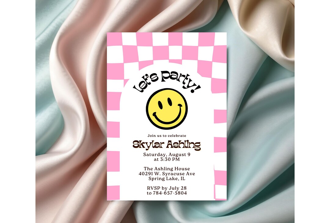 Printable Smiley Face Pink Checkerboard Invite | Happy Face Emoji ...