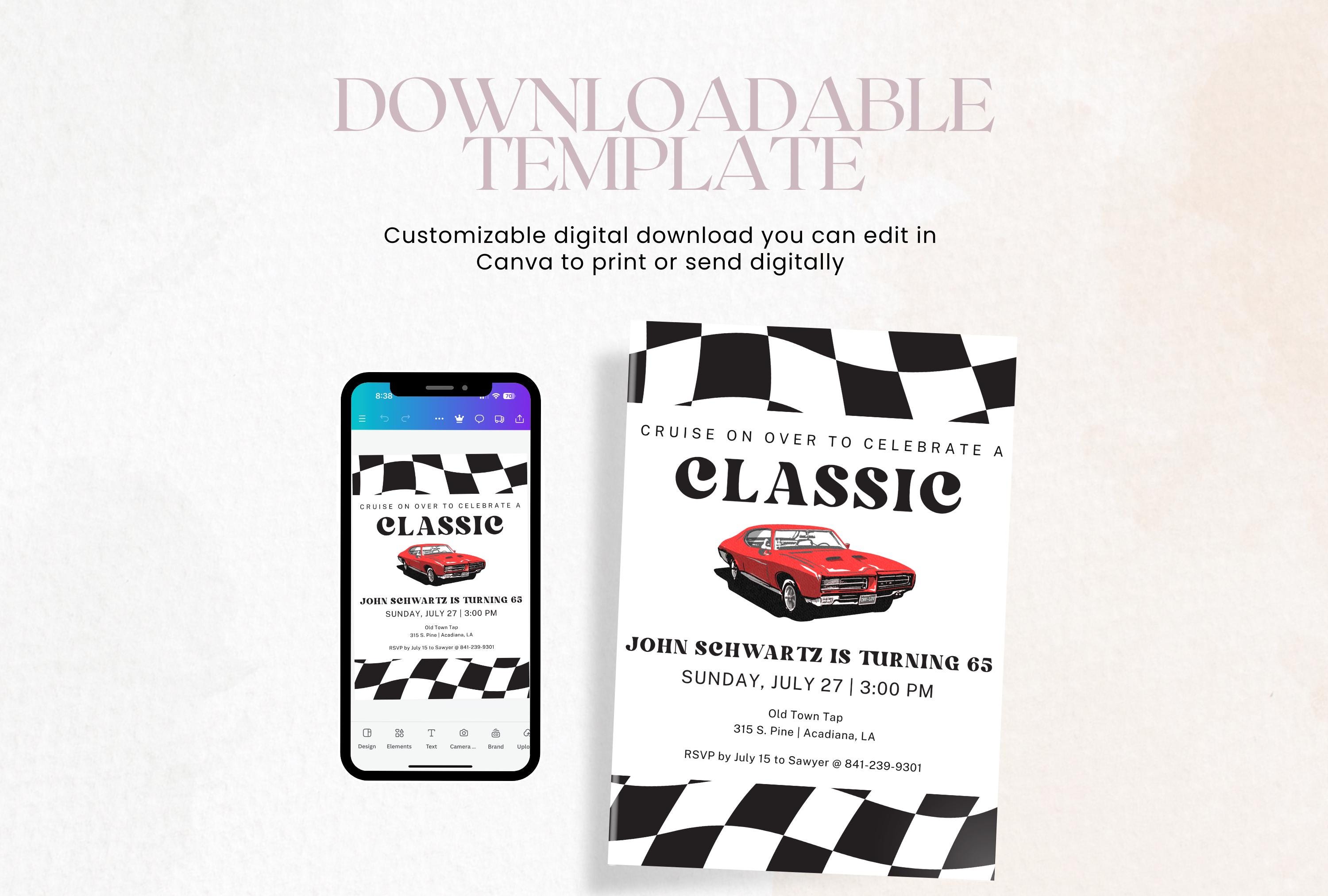 Classic Car Birthday Invitation | Editable Red Hot Rod Vintage Themed ...