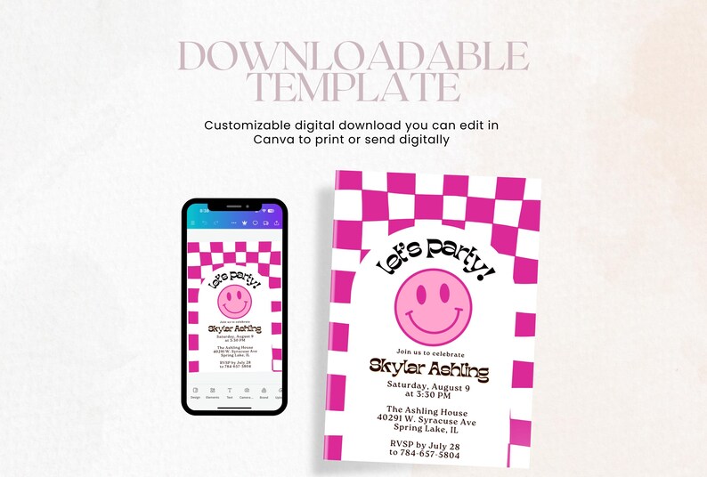 Printable Smiley Face Magenta Checkerboard Invite | Happy Face Emoji ...