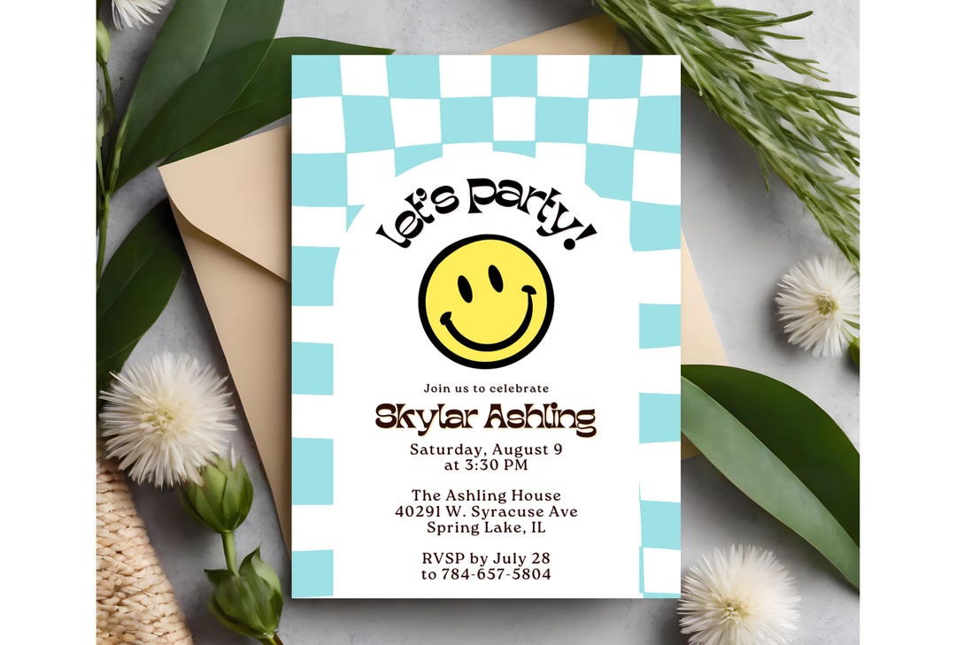 Printable Smiley Face Baby Blue Checkerboard Invite | Happy Face Emoji ...