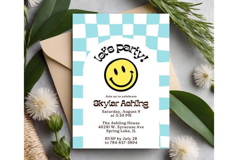 Printable Smiley Face Baby Blue Checkerboard Invite | Happy Face Emoji ...