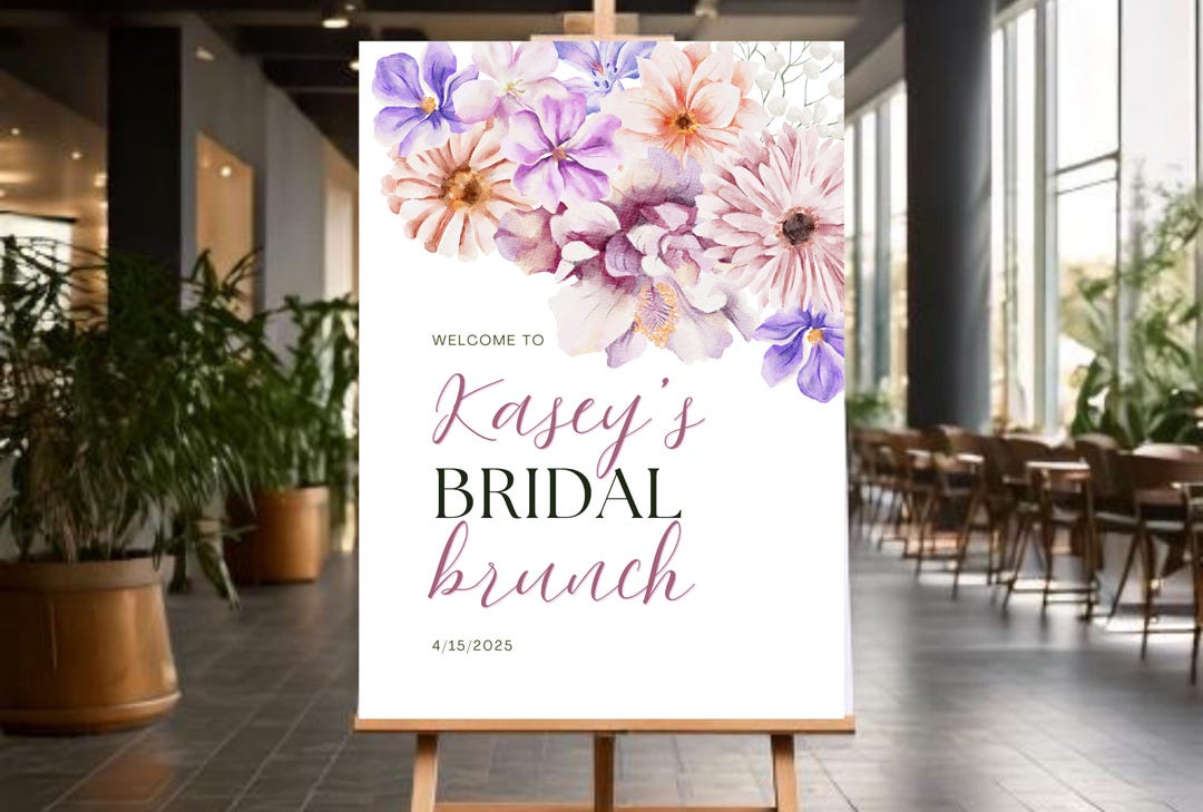 Custom Sign for Purple Floral Bridal Brunch, Canva Template | Flower ...