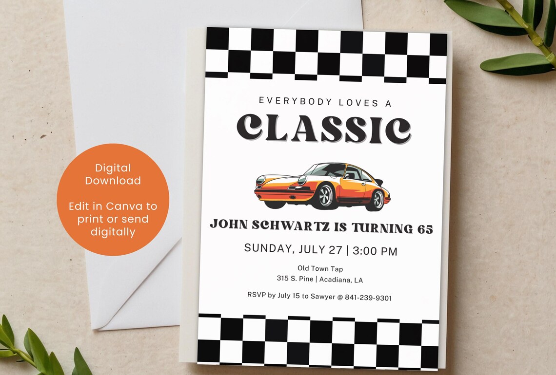 Classic Car Birthday Invitation | Editable Orange Hot Rod Vintage ...