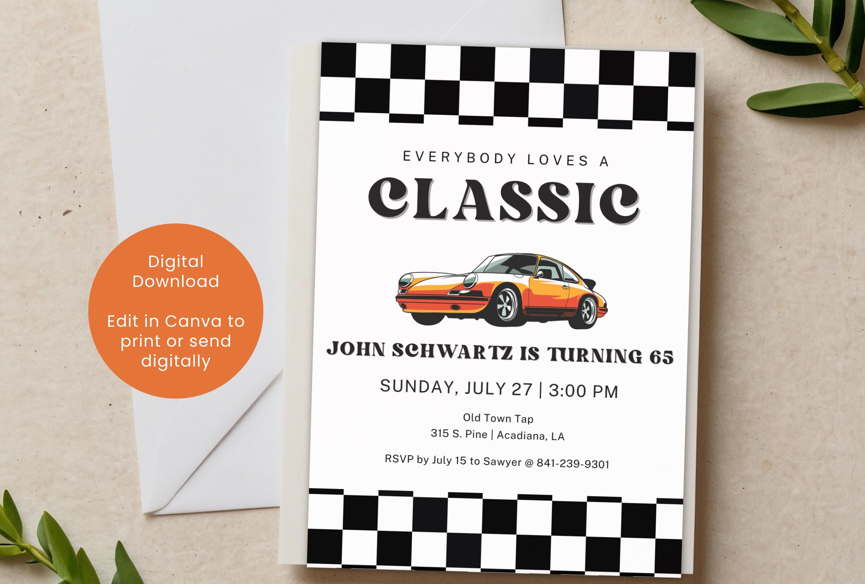 Classic Car Birthday Invitation | Editable Orange Hot Rod Vintage ...