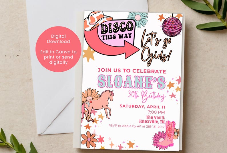 Printable Disco Cowgirl Birthday Invitation for Groovy Western Themed ...