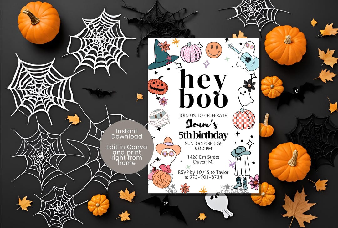 Editable Hey Boo Pastel Preppy Birthday Halloween Party Invitation ...