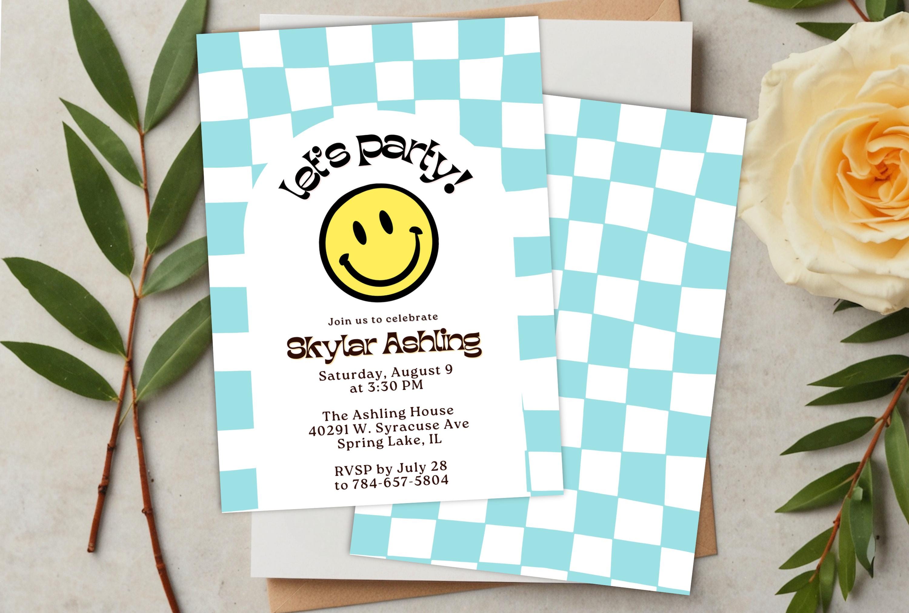 Printable Smiley Face Baby Blue Checkerboard Invite | Happy Face Emoji ...