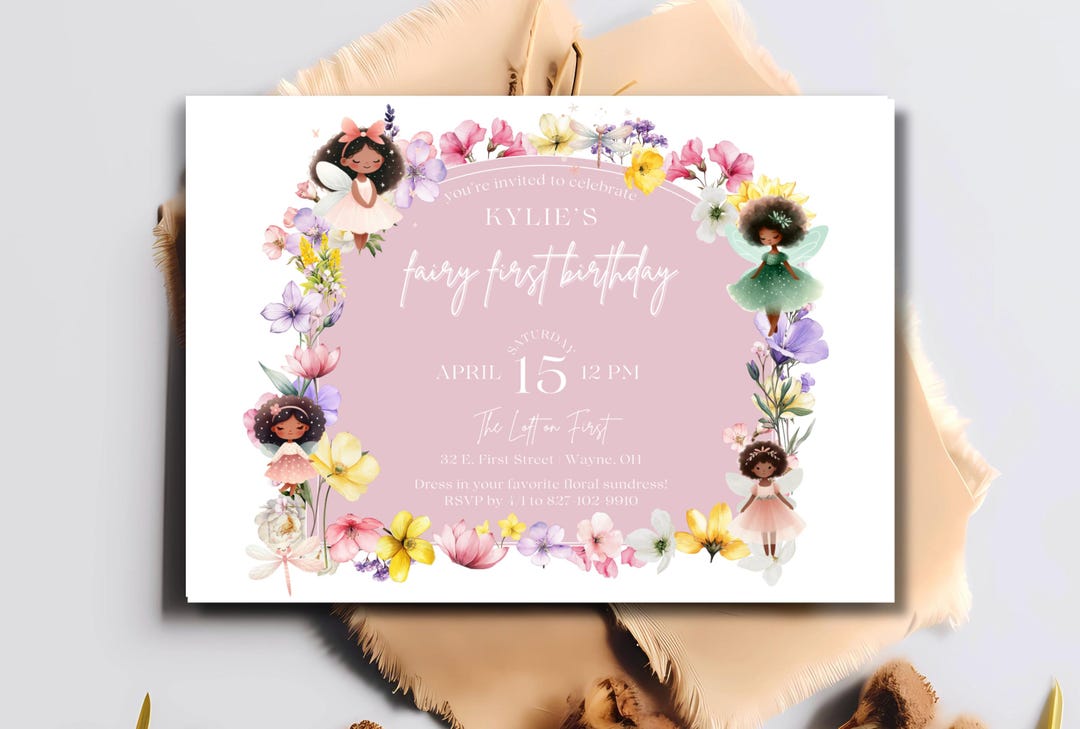 Editable Dusty Pink Brown Fairy First Wildflower 1st Birthday ...