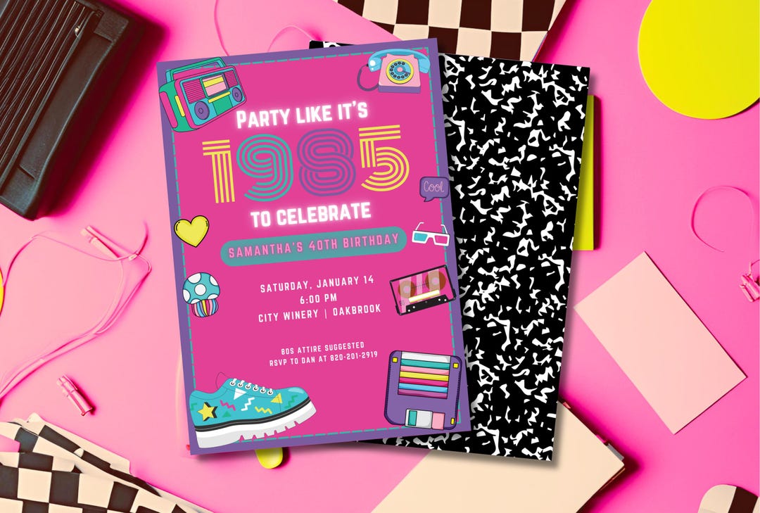 Pink 40th Birthday 80's Costume Party Invitation, Eighties Themed ...