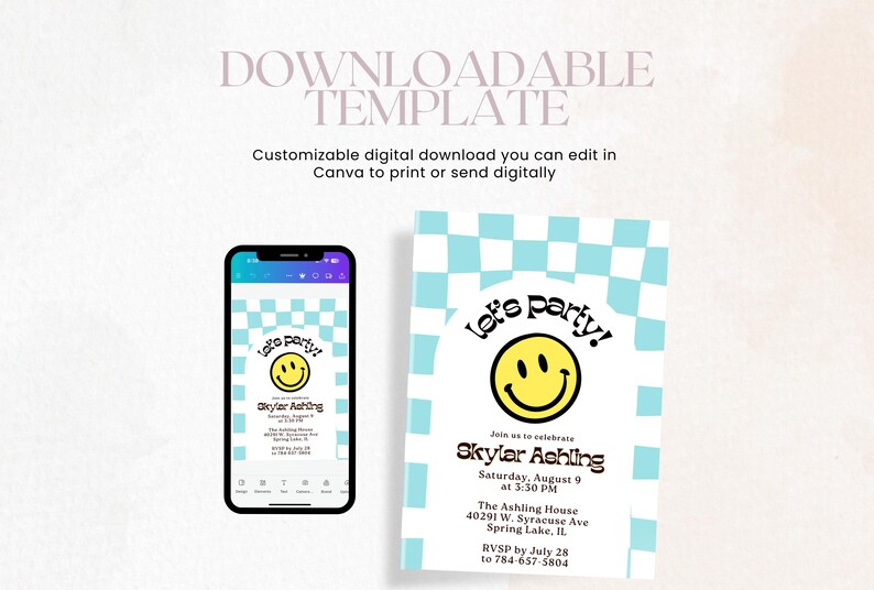 Printable Smiley Face Baby Blue Checkerboard Invite | Happy Face Emoji ...