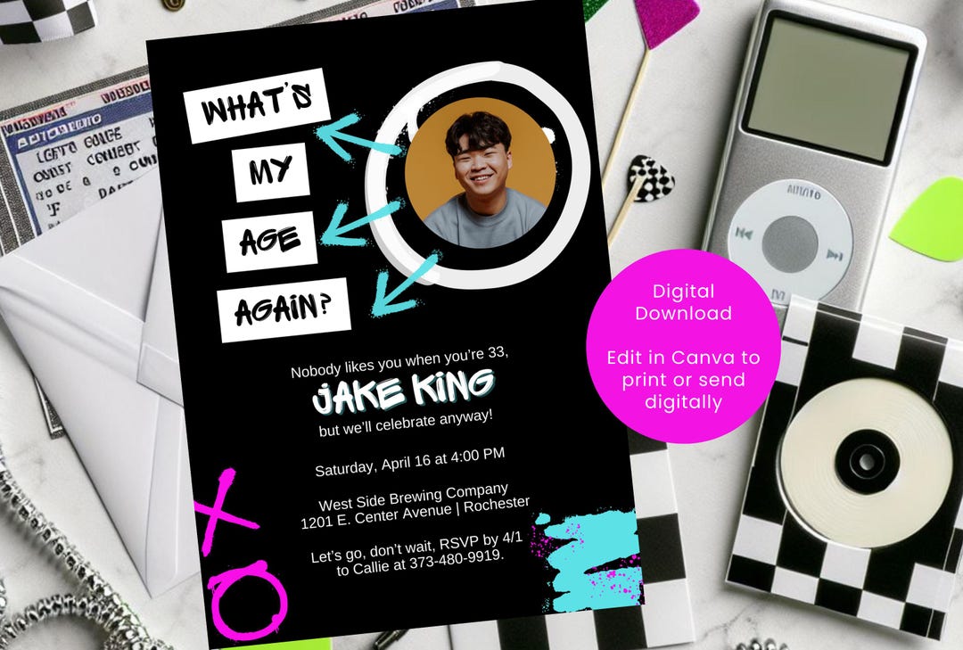 Editable Pop Punk Birthday Invitation, What's My Age Again? 30th 40th ...