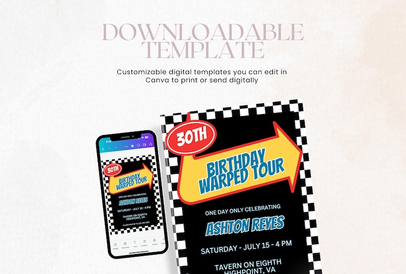 Printable Warped Tour Pop Punk Birthday Invitation, 30th 40th Birthday ...