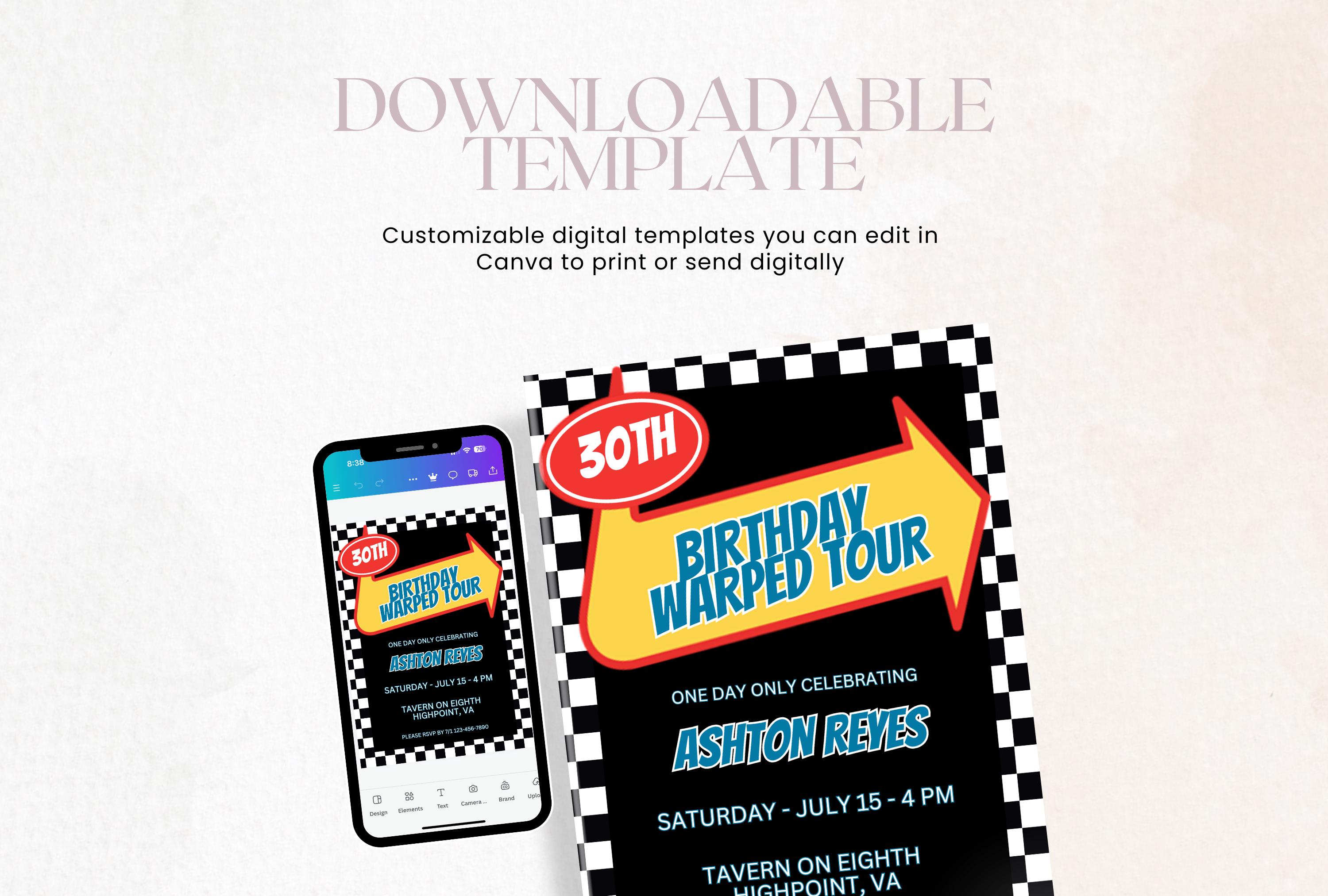 Printable Warped Tour Pop Punk Birthday Invitation, 30th 40th Birthday ...