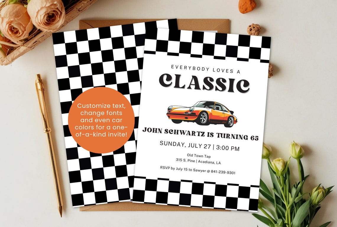 Classic Car Birthday Invitation | Editable Orange Hot Rod Vintage ...