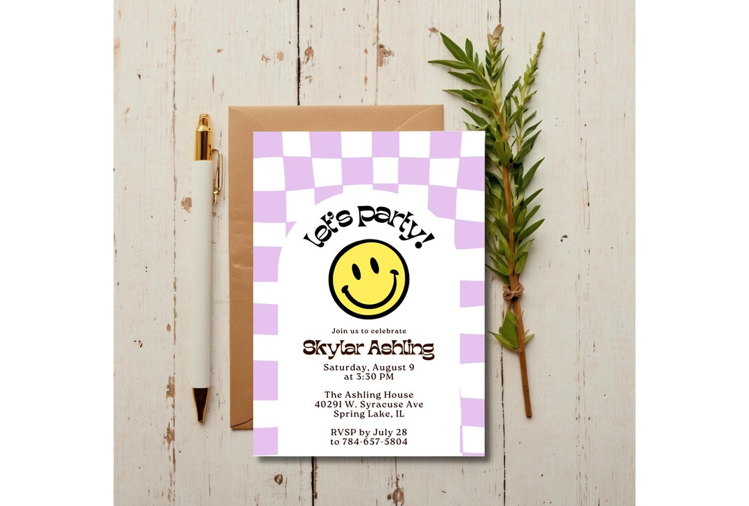 Printable Smiley Face Purple Checkerboard Invite | Happy Face Emoji ...