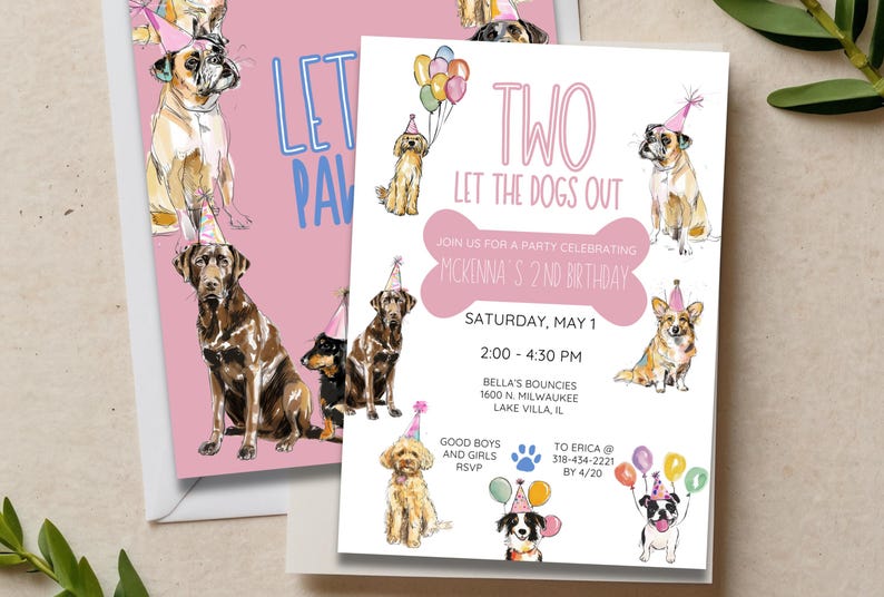 Two Let the Dogs Out | Printable Pink Puppy Birthday Party Invitation ...