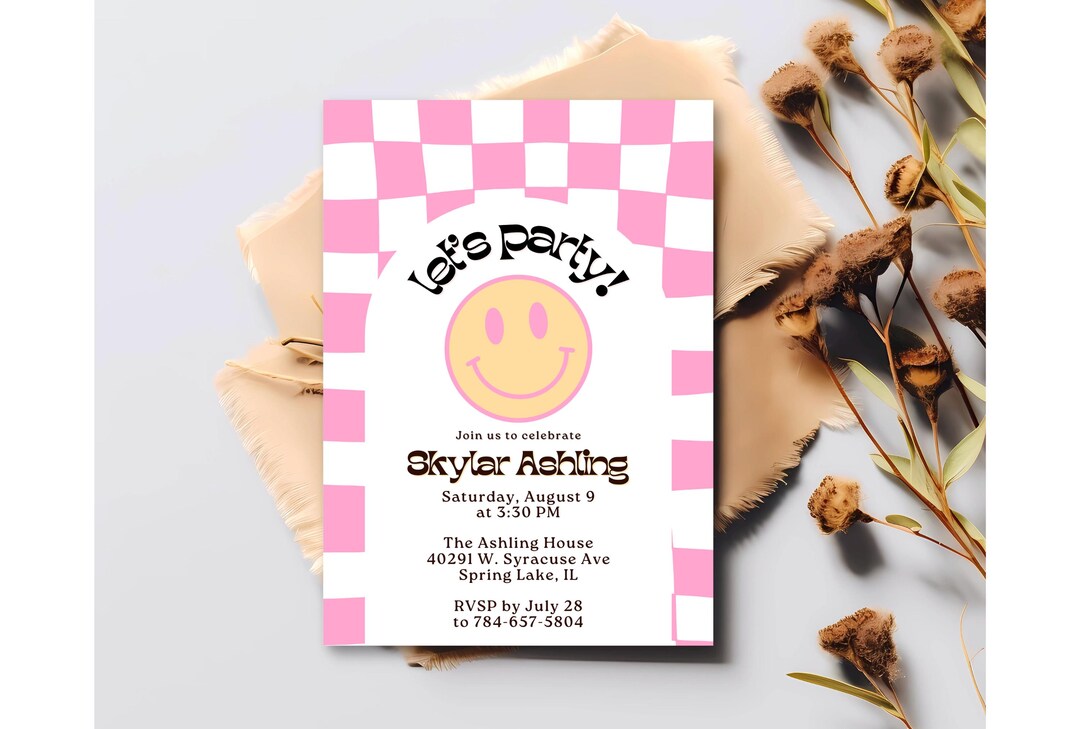 Printable Smiley Face Checkerboard Invite | Happy Face Emoji Preppy ...