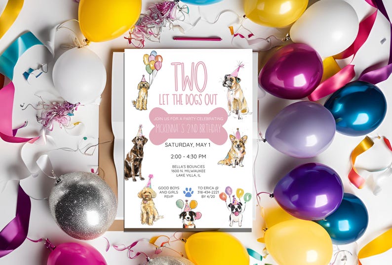 Two Let the Dogs Out | Printable Pink Puppy Birthday Party Invitation ...