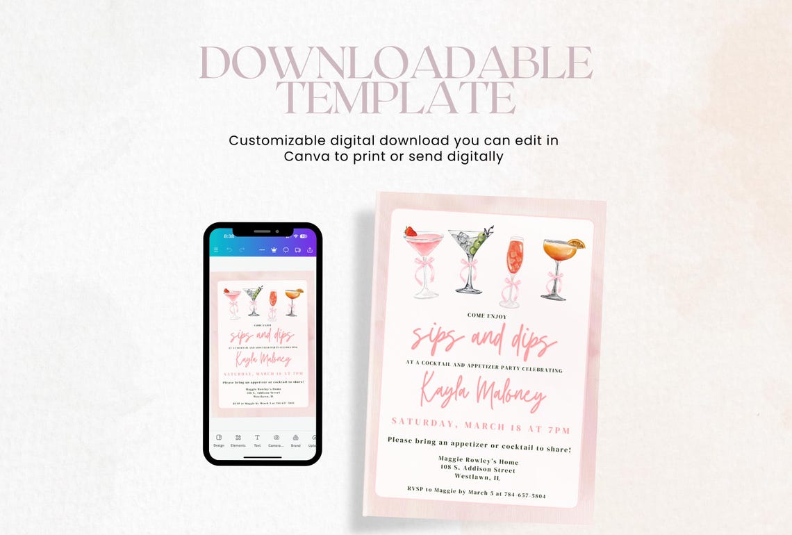 Printable Pink Watercolor Sips and Dips 30th, 40th Cocktail Themed ...