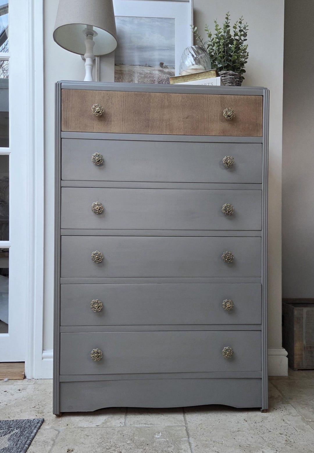 Upcycled 6-drawer Chest | Dulux Mud Lark, Floral Lined Drawers - Etsy UK
