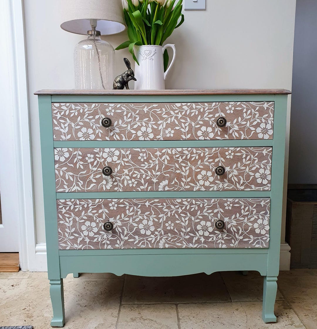 Floral Stencil Sage Green Chest of Drawers | Vintage Chest of Drawers ...