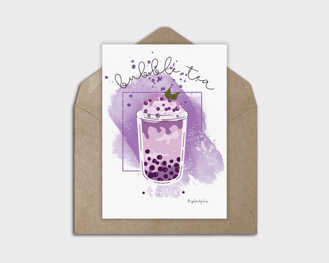 Boba Bubble Tea Card, Bubble Tea Print, Taro Bubble Tea Greeting Card ...