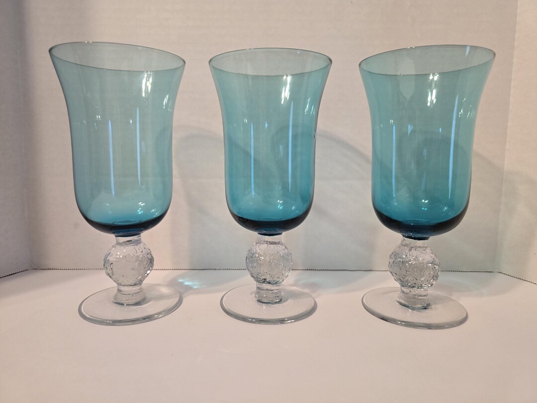 Water Goblets Aqua Blue With Clear Stem and Base Set of 3. - Etsy