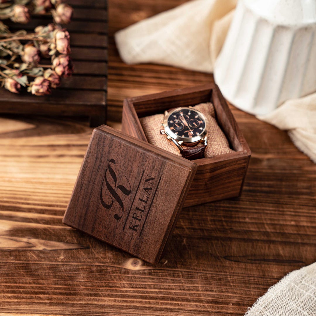 Personalized Walnut Wood Watch Box, Engraved Watch Case Box With Pillow ...