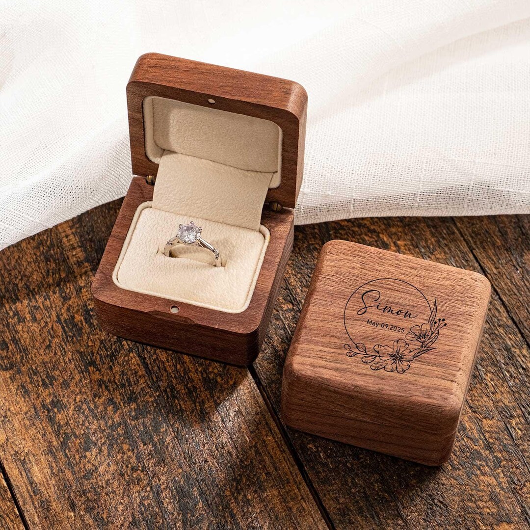 Custom Wooden Ring Box, Personalized Engraved Ring Holder, Square ...