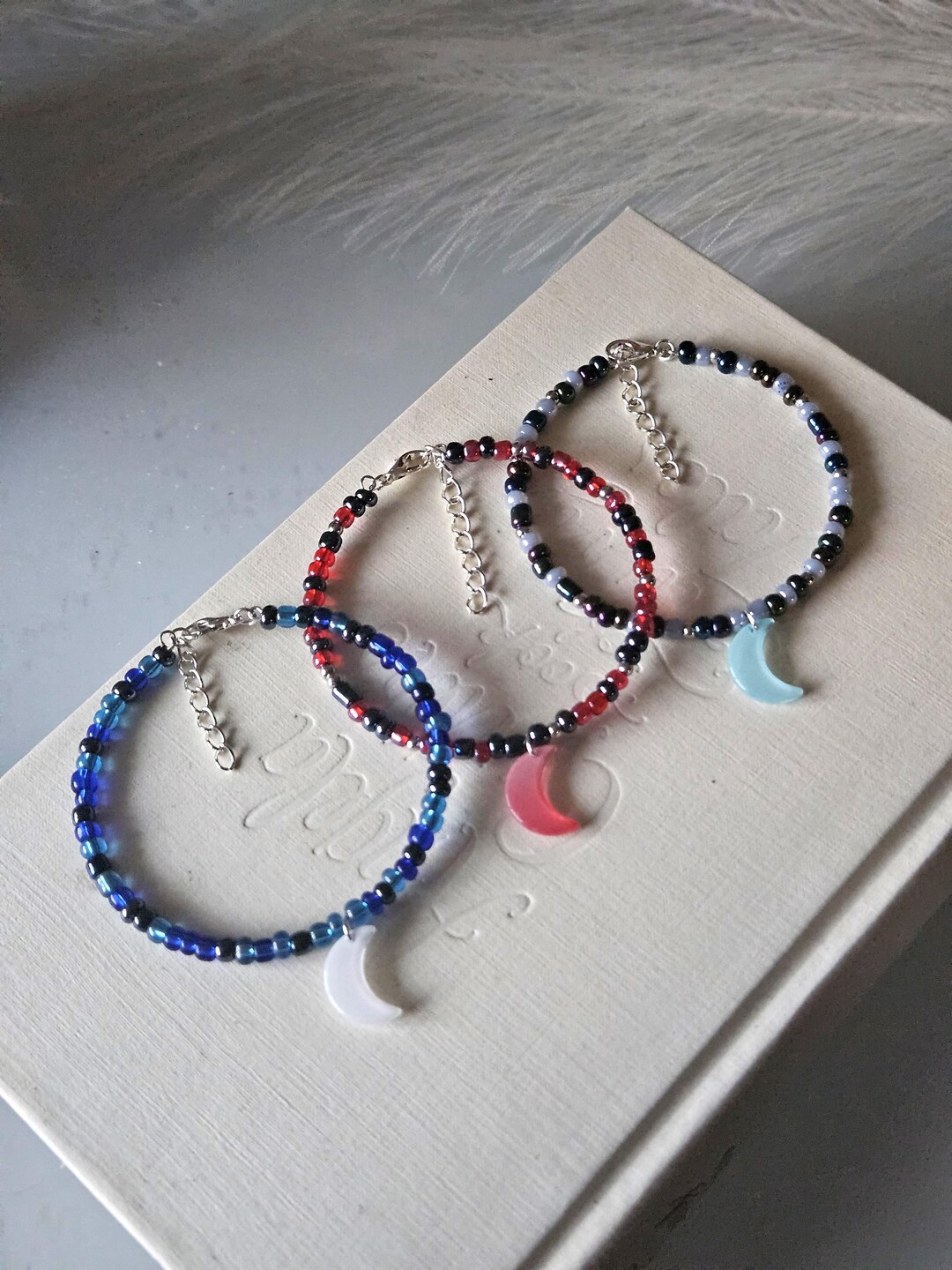 Winter Moon Bracelets - Celestial Glass Beaded Memory Wire Bracelets - Etsy
