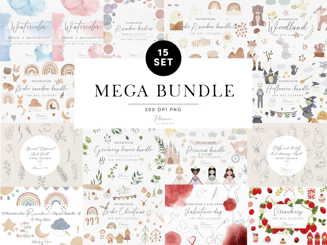 Mega Clipart Bundle, Watercolor Background, Line Drawing, Invitation ...