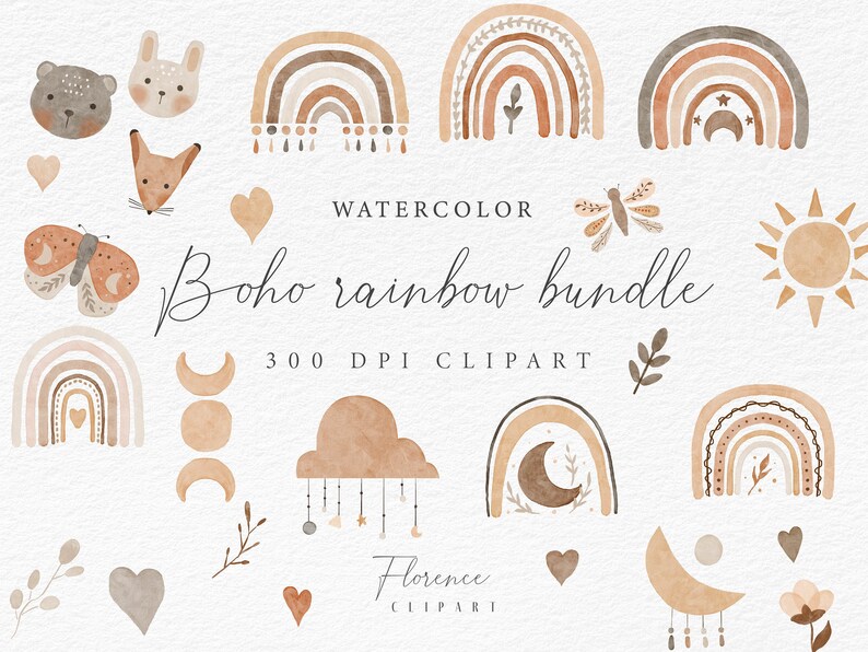 Boho Rainbow Clipart Bundle, Clipart for Kid , Watercolor Background ...