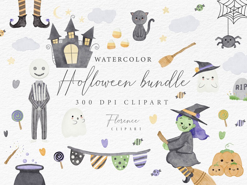 Watercolor Halloween PNG With Transparent Clipart Bundle, Hand-drawn ...