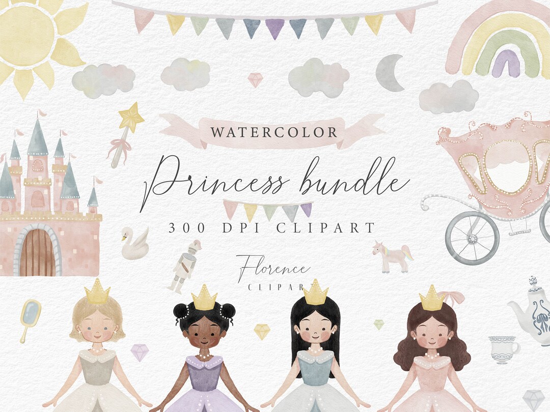 Pastel Princess Watercolor Clipart Bundle, Kids Clipart, Fairy Clipart ...