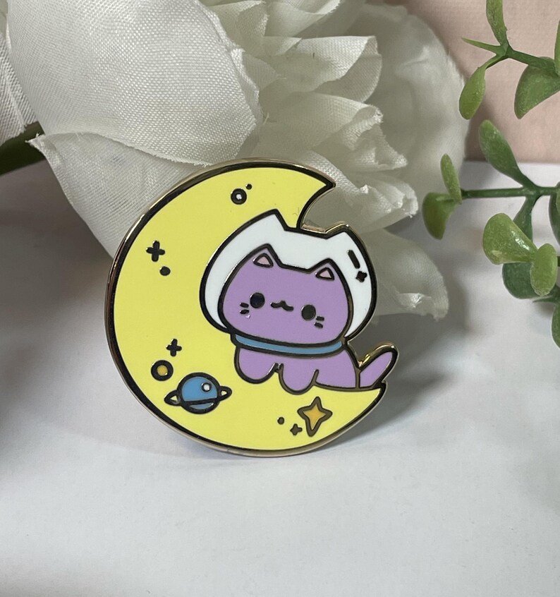 Space Cat Enamel Pin Cute Astronaut Cat on Yellow Moon Hard Enamel Pin Kawaii Cat Pin for ...