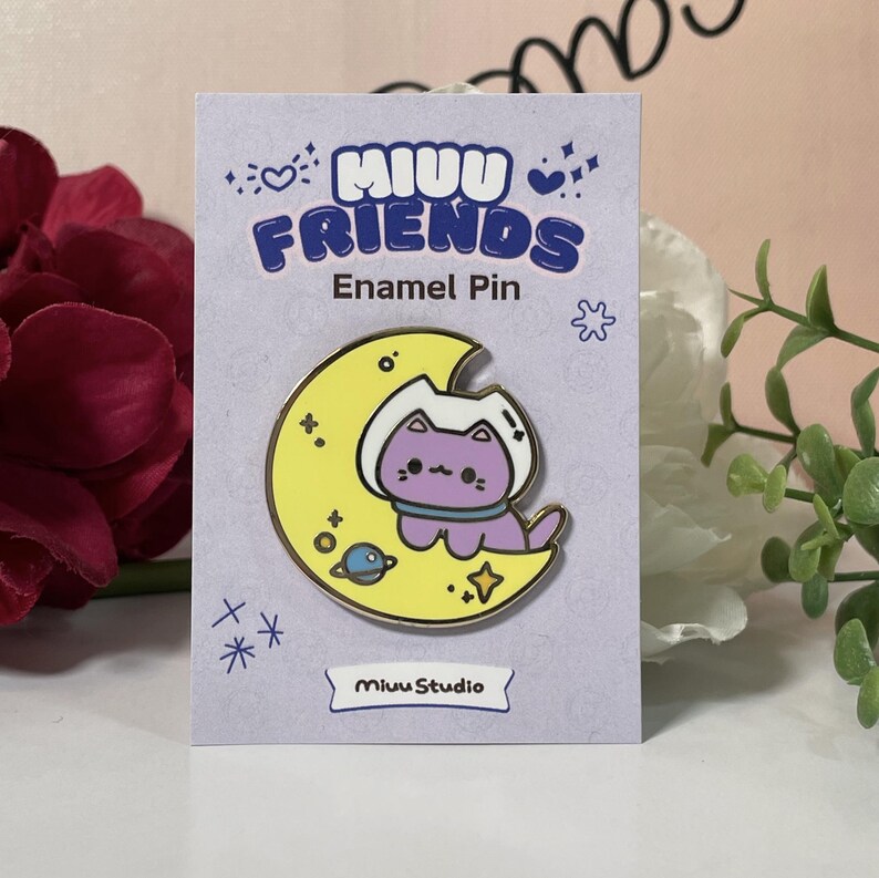 Space Cat Enamel Pin Cute Astronaut Cat on Yellow Moon Hard Enamel Pin Kawaii Cat Pin for ...