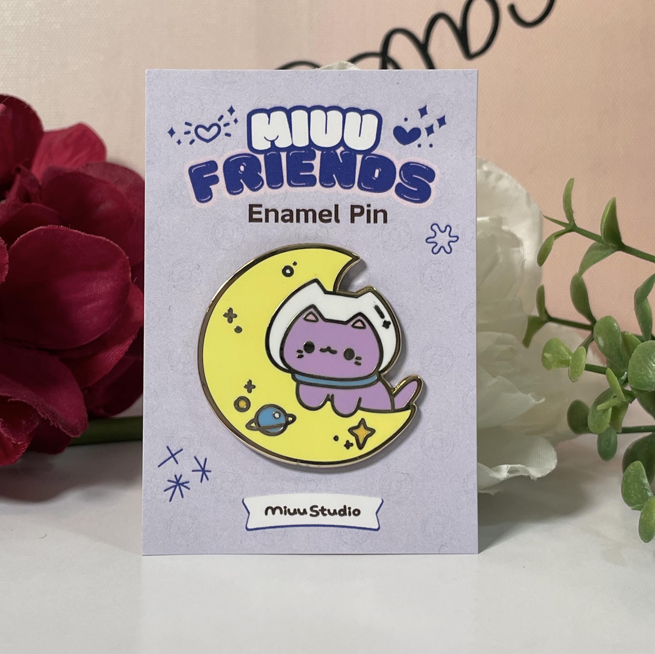 Space Cat Enamel Pin Cute Astronaut Cat on Yellow Moon Hard Enamel Pin Kawaii Cat Pin for ...