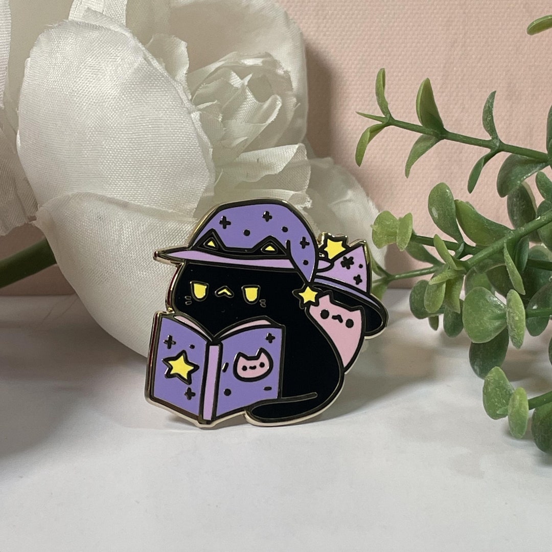 Black Cat Witch and Magician Enamel Pin Cute Halloween Wizard Cat With ...