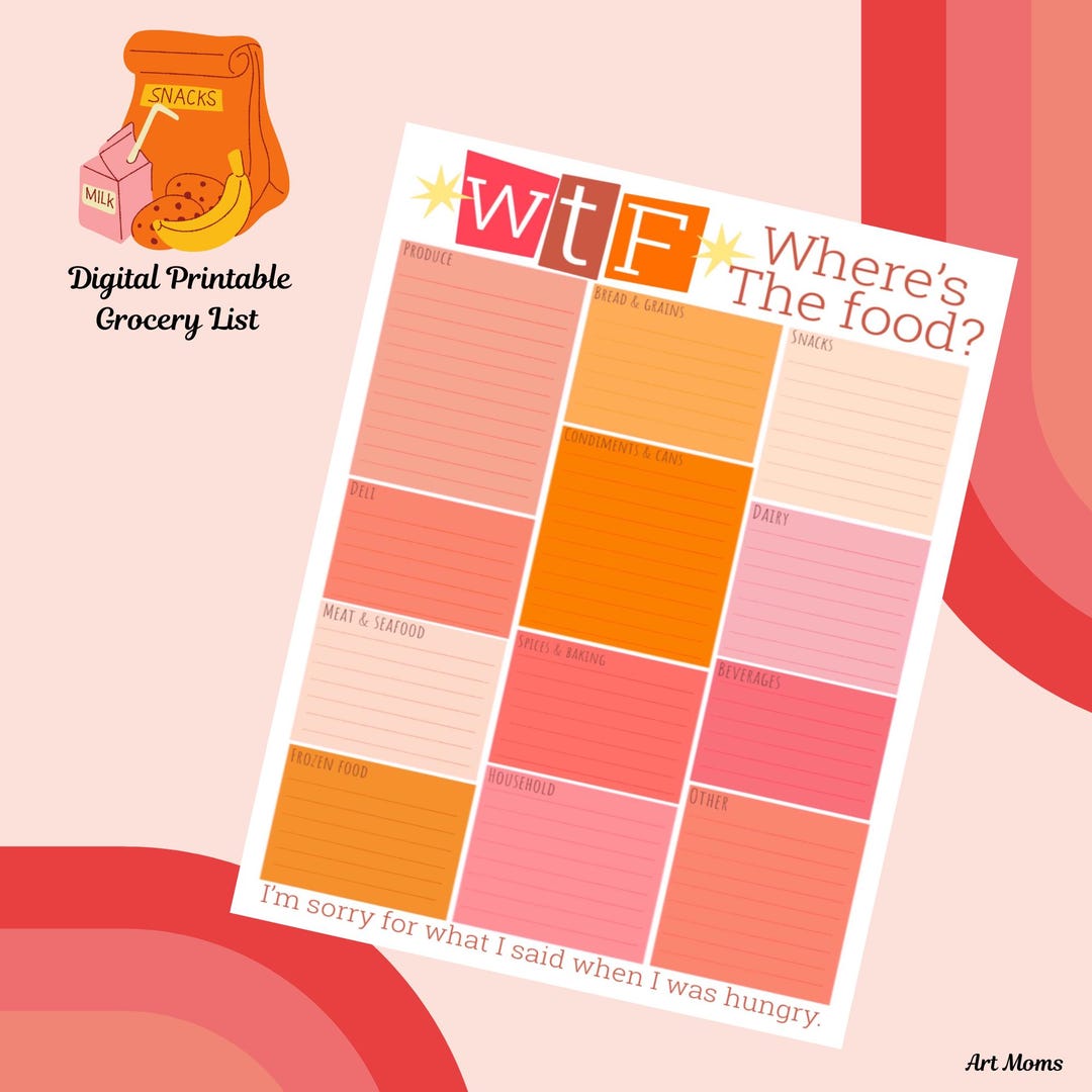 Digital Printable Grocery Shopping List - WTF (where's the Food ...