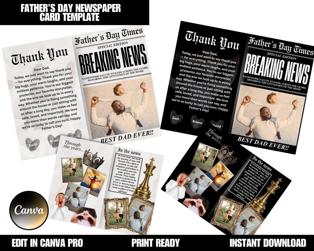 Father's Day Newspaper Card Template | Custom Keepsake (canva Pro) - Etsy