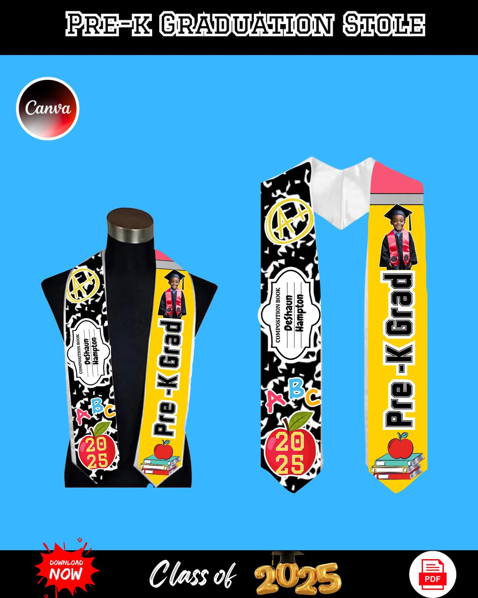 Pre-k Graduation Stole Template: Editable Canva Design (digital ...
