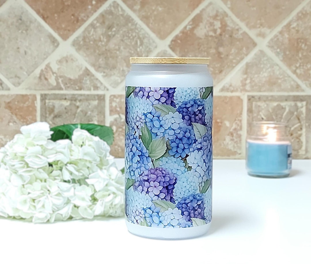 Purple and Blue Hydrangeas Frosted Glass Cup, Hydrangea Lover 16 Oz Cup ...