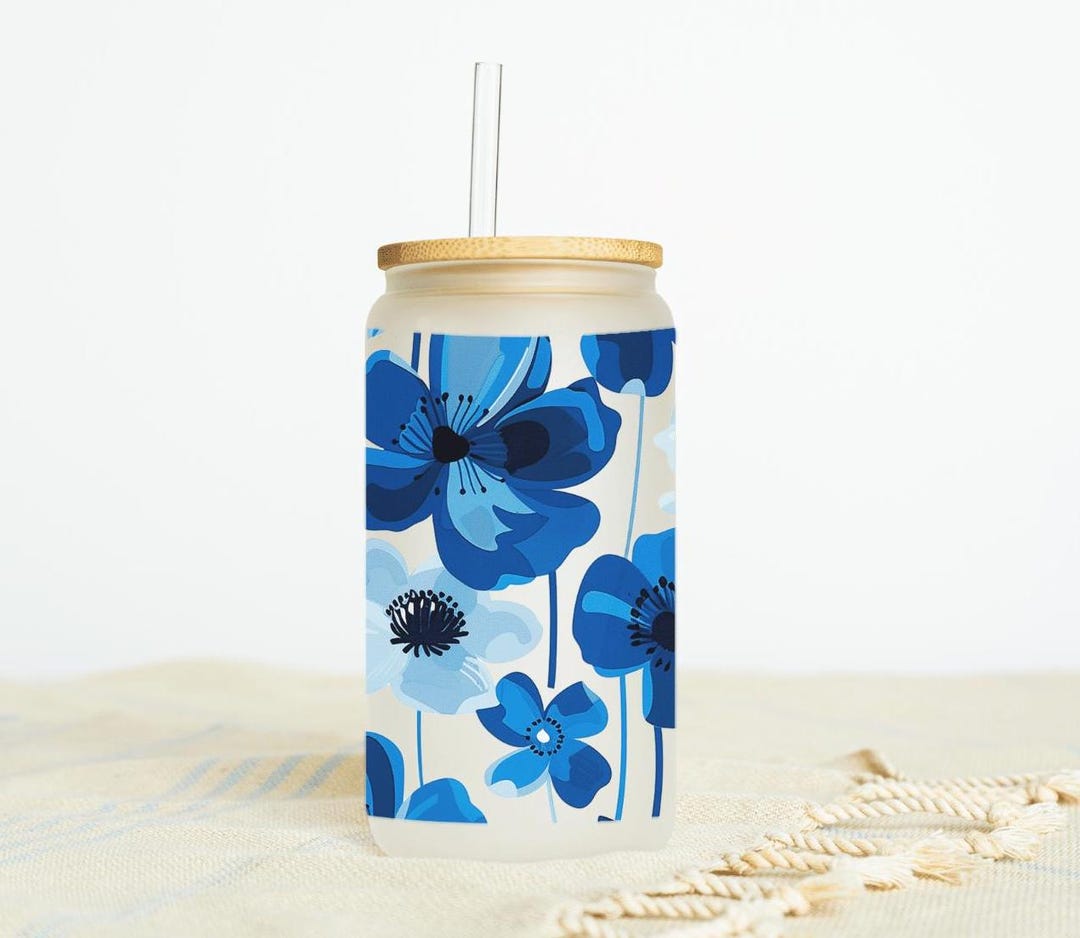 Blue Spring Garden Frosted Glass Cup, Flower Lover 16 Oz Cup, Gift for ...