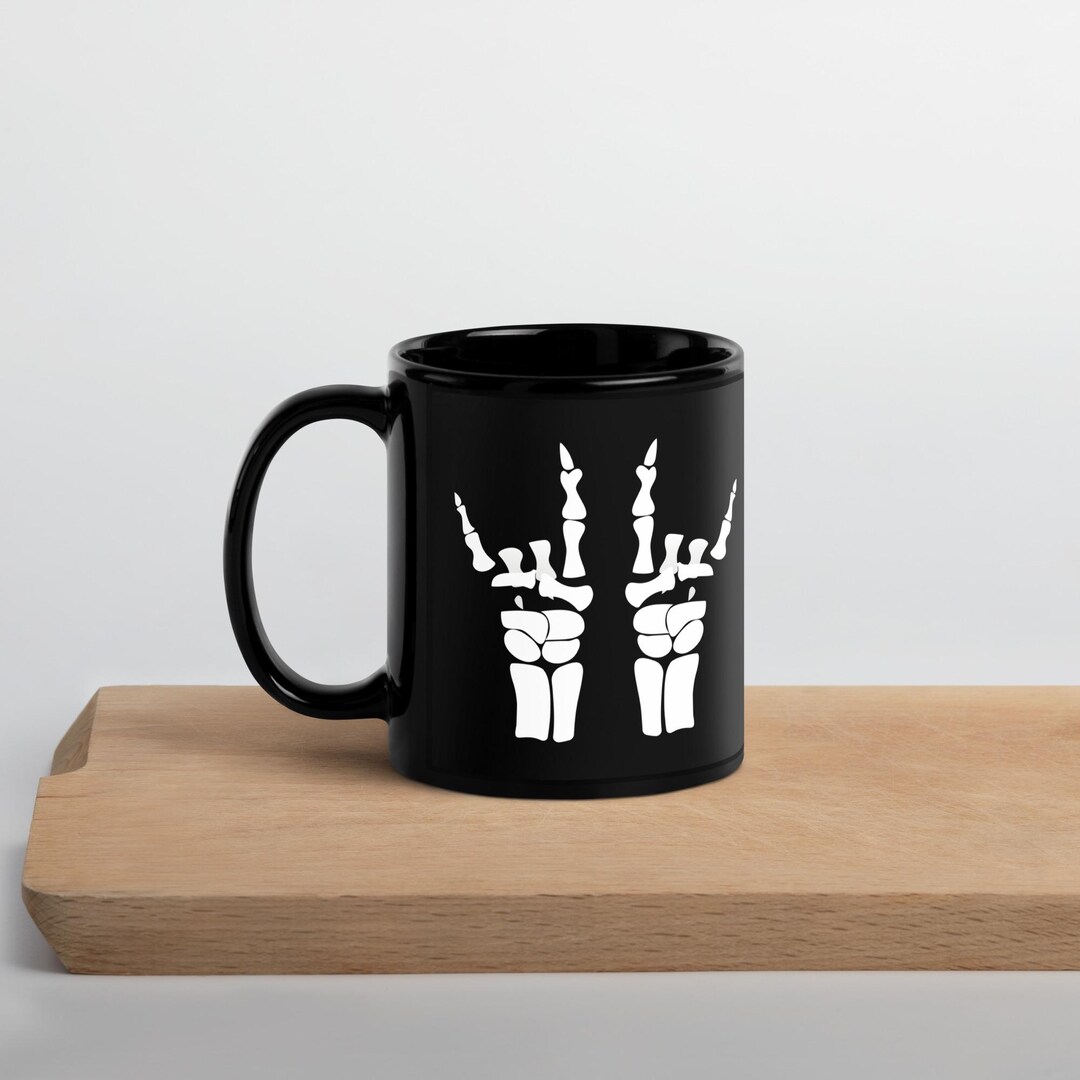 Rock on Skeleton Hands Mug Black Ceramic Coffee Mug Heavy Metal, Rock ...