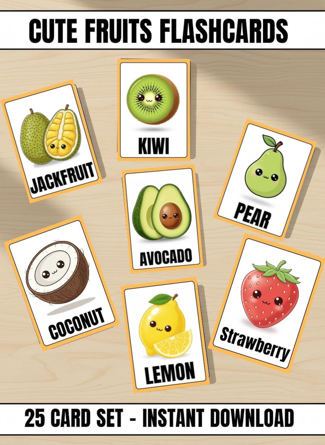 25 Cute Fruits Flashcards Bundle, Digital Download, Educational Fruit ...