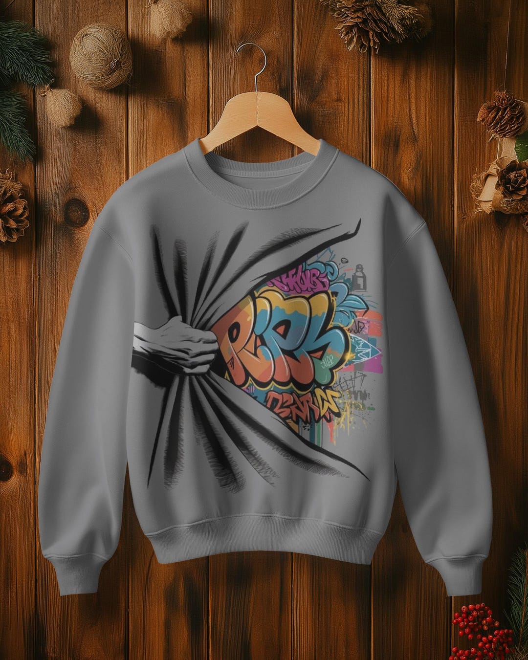 Graffiti Ripped Effect Sweatshirt, Urban Street Art Pullover, 3D ...