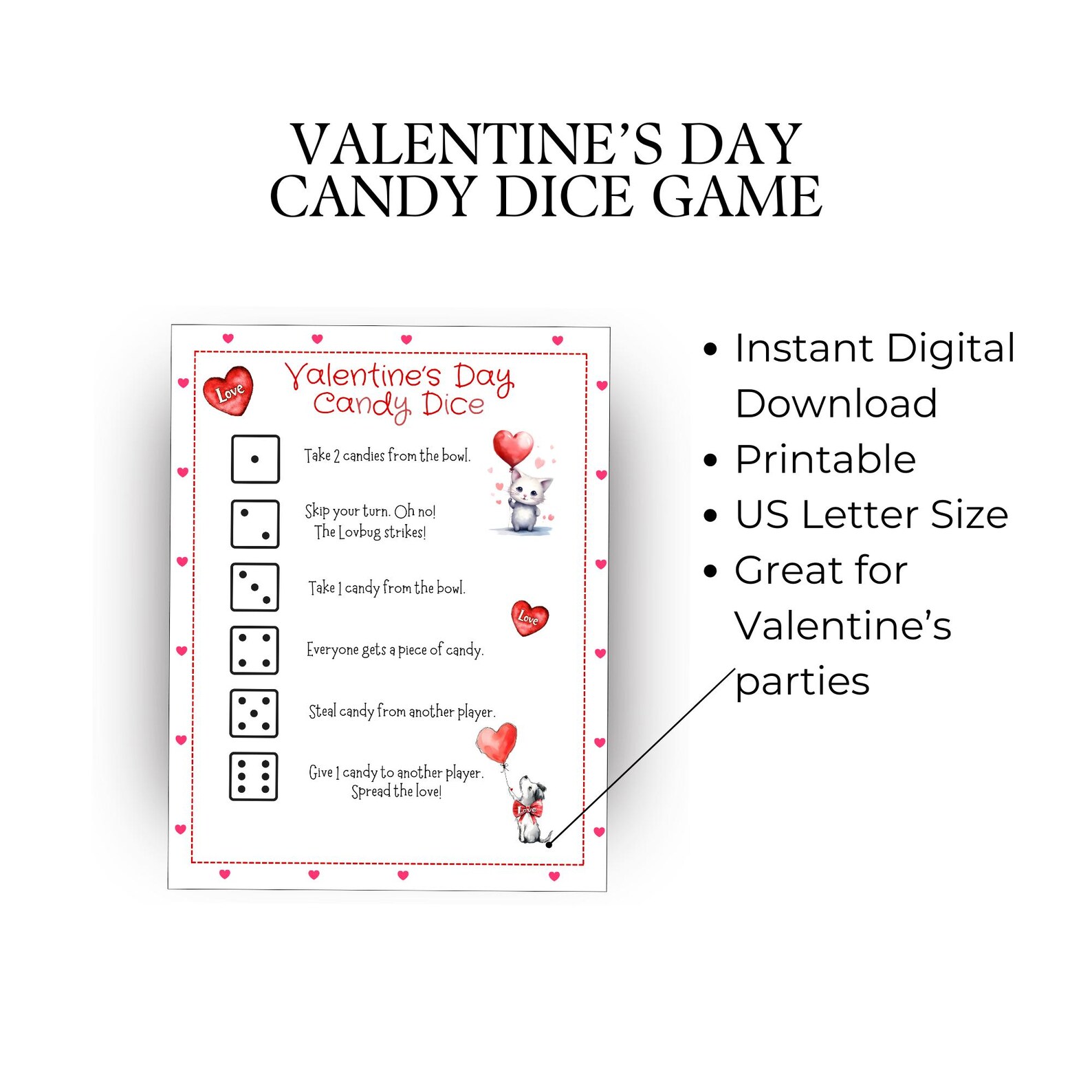 Printable Valentine's Day Candy Dice Game, Classroom Games, Valentines ...