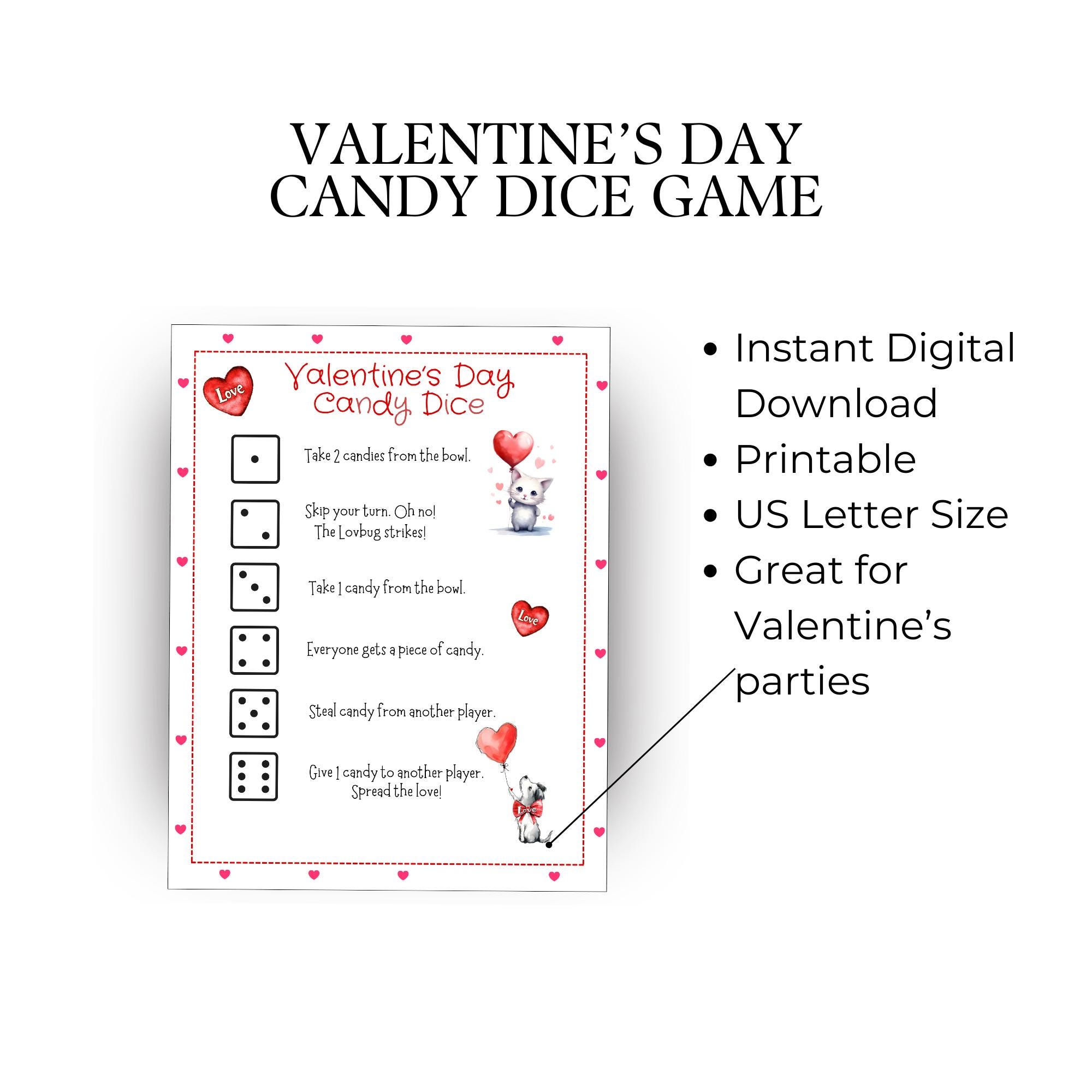 Printable Valentine's Day Candy Dice Game, Classroom Games, Valentines ...