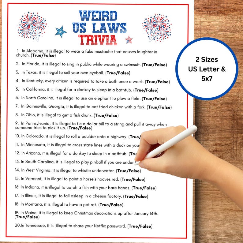 Weird American Laws Trivia Game Printable, Funny American Laws Trivia ...